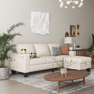 zeefu convertible sectional sofa couch,l shape sectional sofa couch with usb & type-c charge port and cup holders,modern linen sofa set with storage ottoman & pockets for living room bedroom (beige)