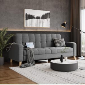 yaheetech 2-seater fabric sofa loveseat with usb ports mid-century modern 65? w couch sofa with solid wood legs for living room apartment bedroom office dark gray