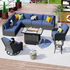 xizzi patio furniture with swivel rocking chairs,10 pcs outdoor sectional sofa with 42" 50000 btu propane fire pit table and side table,all weather pe rattan outside conversation set (denim blue)