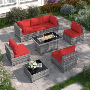 amopatio patio furniture with fire pit, outdoor patio furniture wicker furniture, 8 pieces outdoor sectional sofa with patio furniture cover, 44" gas fire pit table (light red)