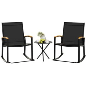 shintenchi 3 piece outdoor rocking bistro set, textilene fabric small patio furniture set, front porch rocker chairs conversation set with table for lawn, garden, balcony, poolside (black)