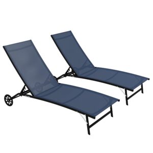 outsunny chaise lounge outdoor, 2 piece lounge chair with wheels, tanning chair with 5 adjustable positions for patio, beach, yard, pool, dark blue