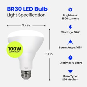 Feit Electric BR30 LED Light Bulbs, 100W Equivalent, Dimmable, E26 Standard Base, 80 CRI, 1400 Lumens, 5000K Daylight, 120V, 10 Years Lifetime, Damp Rated, 6 Pack, 100BR30DM85010KLED/6