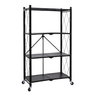 yssoa healsmart 4-tier heavy duty foldable metal rack storage shelving unit with wheels moving easily organizer shelves great for garage kitchen, black