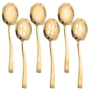 hansgo serving spoons set, 3 serving spoons and 3 slotted spoons, 9 inch stainless steel serving utensils set for buffet banquet kitchen, gold