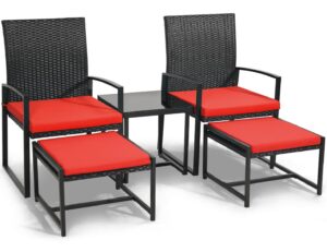 murago 5 pieces wicker patio conversation sets, rattan furniture set with coffee table and 2 ottomans, ideal for porch, garden, yard, poolside, black rattan with red cushion