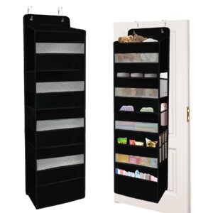 clmmycl over the door organizer storage, 5 shelf hanging door organizer with 5 large capacity pockets, anti tilt 44 lb load behind door organizer for bedroom, pantry, bathroom,nursery (black)