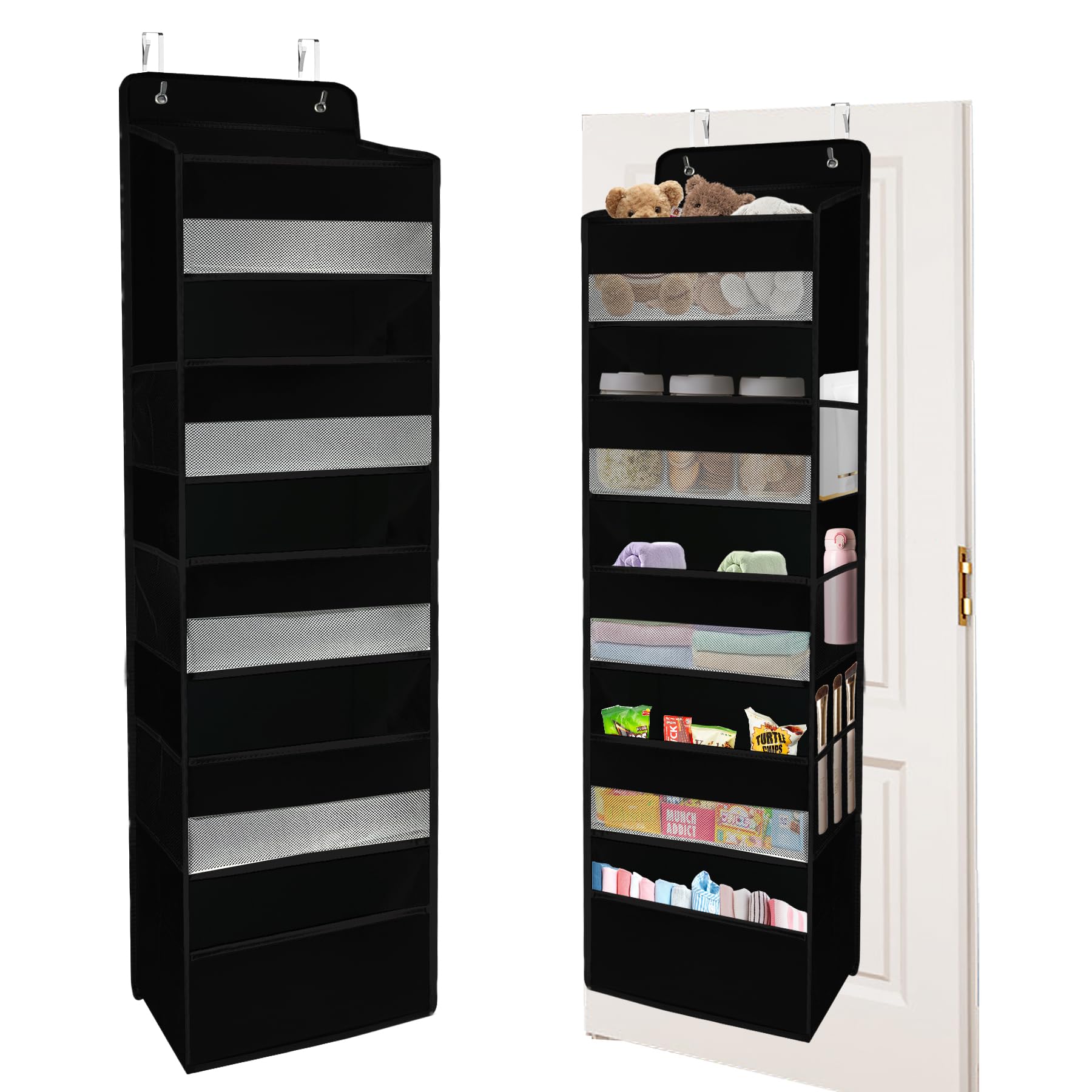 CLMMYCL Over The Door Organizer Storage, 5 Shelf Hanging Door Organizer with 5 Large Capacity Pockets, Anti Tilt 44 lb Load Behind Door Organizer for Bedroom, Pantry, Bathroom,Nursery (Black)