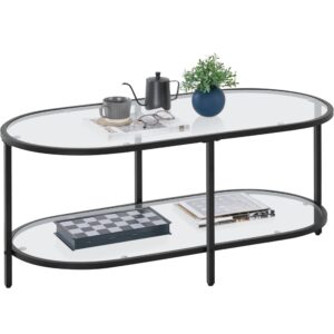 yaheetech glass coffee table, black small coffee table for living room, 2-tier modern center tea table with storage shelf for small space, apartment