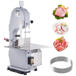 commercial electric meat bandsaw, 1100w stainless steel countertop bone sawing machine, workbeach 19.3" x 15", 0.16-7.9 inch cutting thickness, frozen meat cutter with 6 blades for rib pork beef