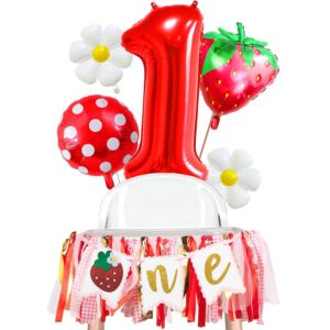 strawberry berry first birthday high chair banner party supplies kit: sweet first birthday banner one balloon strawberry daisy balloons smash cake decoration photo prop gifts for kids girls