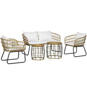 outsunny 5 piece pe rattan outdoor furniture set with cushioned chairs & loveseat sofa, patio sectional furniture set, conversation sofa set with stackable coffee tables, cream white