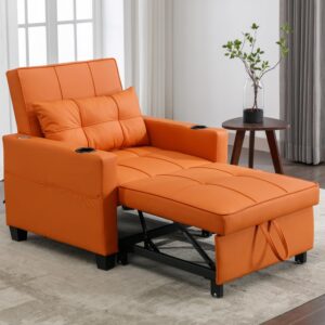 3-in-1 convertible sofa bed sleeper chair, leather upholstered pull out sleeper chair with adjustable backrest, usb ports, cup holders & side pockets for living room apartment small space, orange