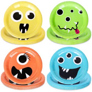 jarthenaamcs 40pcs 9 inch monster paper plates 4 design funny monster disposable plates colorful party supplies for halloween birthday baby shower tableware decorations