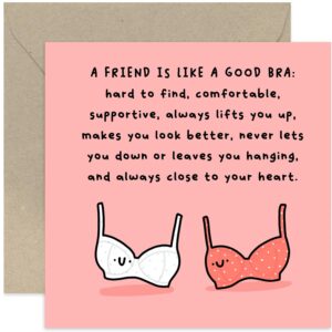 old english co. friendship gift for women - funny birthday card for best friend - thank you card for special friend - 'like a good bra' hilarious keepsake card for female friend - thinking of you