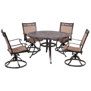 5 piece aluminum patio dining set, 4 textilene swivel rocker chairs and 48 inch round alum casting table with umbrella hole, all-weather outdoor furniture set for backyard, patio, lawn, garden