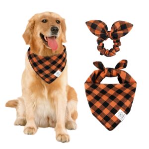 e-clover fall dog bandana & matching scrunchie-thanksgiving dog bandanas plaid pet scarf bib for medium large dogs girl boy owner gift orange black