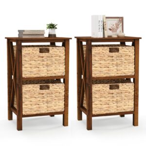 giantex 2-tier nightstand with wicker baskets set of 2, wooden x-design side table end table, beside table with acacia wood legs, mid century accent storage cabinet for small spaces, bedroom, walnut