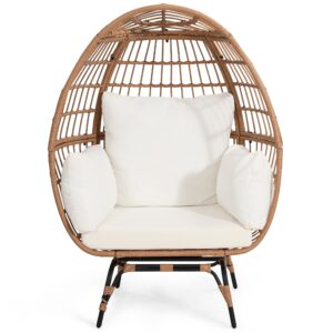 murago oversized 360 swivel rattan egg chair for adult, indoor large wicker egg chair, outdoor patio rattan egg chair with overstuffed cushions, natural rattan with beige cushion