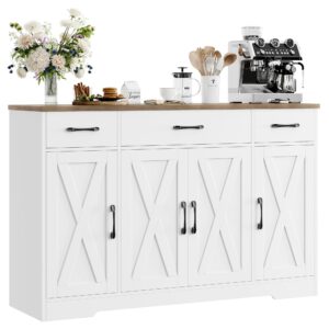 hostack buffet cabinet with drawers, 55" large sideboard buffet storage cabinet with shelves and doors, modern farmhouse coffee bar cabinet wood buffet table for kitchen, dining room, white/rustic