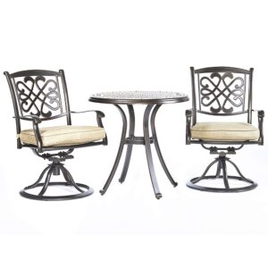 casual world 3 piece aluminum outdoor bistro set, 2 cushioned swivel rocker chairs and cast aluminum patio dining table, weather-resistant patio furniture set for backyard, patio, lawn, garden