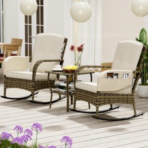 baldper 3 pieces patio conversation set, outdoor rocking chairs with armrest side pocket, outdoor furniture set with porch chairs and coffee table for deck garden poolside, beige