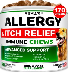 yuma's dog allergy relief chews - dog itching skin relief treatment pills - 170 treats - anti-itch for dogs - itchy and paw licking - dry skin & hot spots - omega 3 fish oil - skin & coat supplement