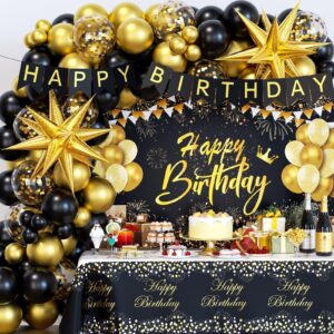 black and gold birthday decorations for men women, 71pcs black and gold party decorations with backdrop, tablecloth, gold foil balloons, banner, balloon arch for birthday party decorations