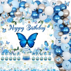 balterever blue butterfly birthday party decorations for girl butterfly happy birthday backdrop balloon arch kit tablecloth wall stickers cake cupcake toppers for girl butterfly theme birthday party