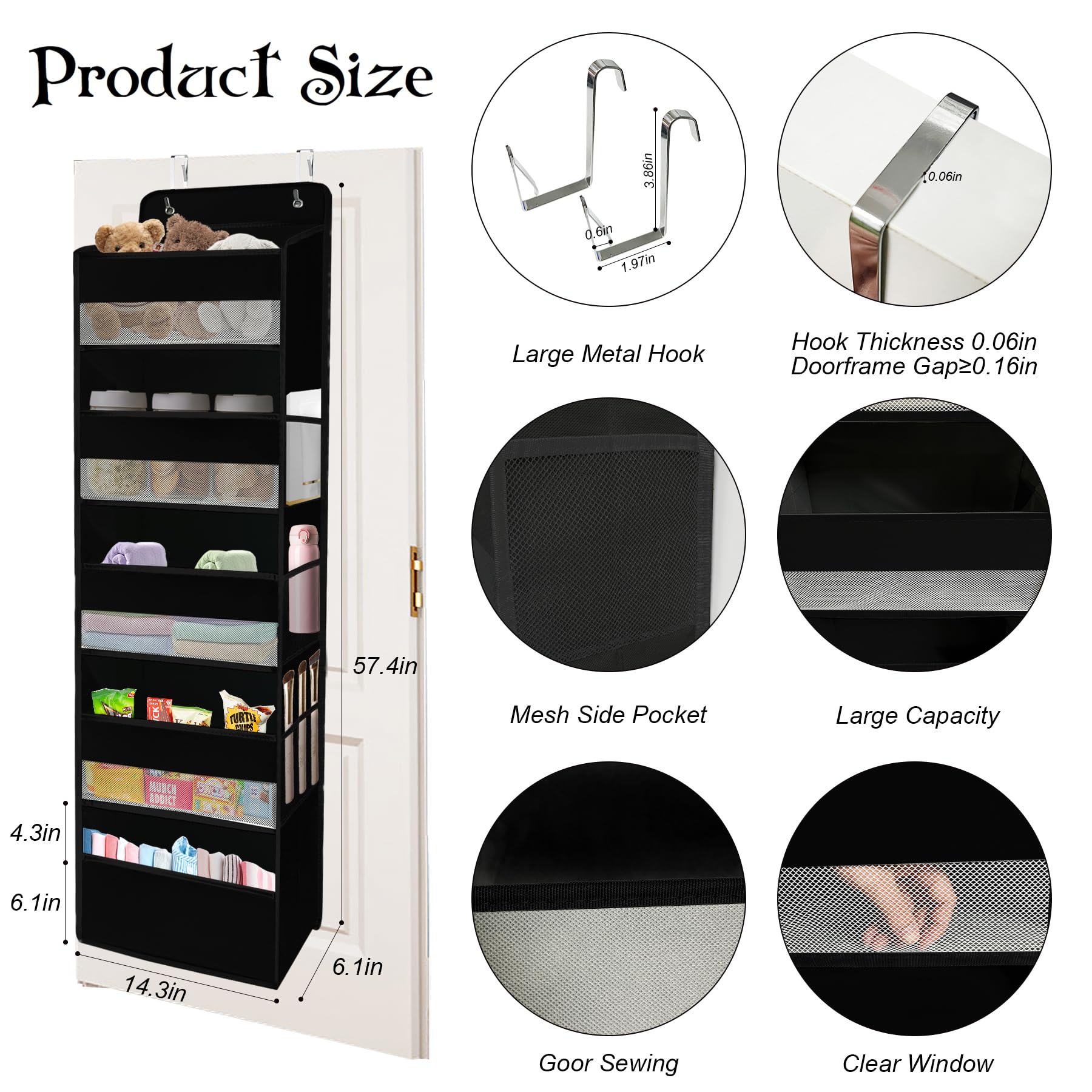 CLMMYCL Over The Door Organizer Storage, 5 Shelf Hanging Door Organizer with 5 Large Capacity Pockets, Anti Tilt 44 lb Load Behind Door Organizer for Bedroom, Pantry, Bathroom,Nursery (Black)