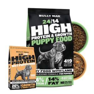 bully max puppy growth & nutrition bundle - high protein natural dry dog food (5lb bag) & wet dog food (2 dry lb, makes 5.5 lb of wet food) for small & large breed puppies - lamb & chicken flavors