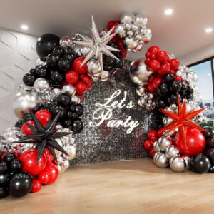 red and black balloon arch kit with 3pcs star balloons, red black and metallic silver balloons garland kit for birthday prom red black graduation 2024 party decorations