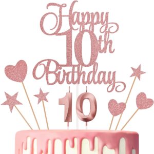 lecferrarc 10th birthday cake decorations, 10th birthday candles cake numeral candles and glitter happy 10th birthday cake toppers set for birthday party supplies (rose gold)