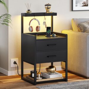 msmask black night stand with charging station, led night stand with 2 drawers and open storage shelves, modern bedside table with usb ports&outlets, end side table for bedroom, dorm