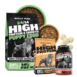 bully max complete puppy nutrition bundle - dry puppy food (5lb bag), dehydrated wet dog food (2lb bag) & chewable vitamin (30 tabs) for small & large breed puppies - for growth, health & immunity