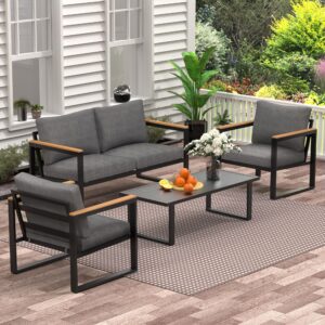 comlax field patio furniture set, 4 pieces outdoor patio furniture with table set, metal patio conversation sets with washable and high-resiliency sponge cushions, grey