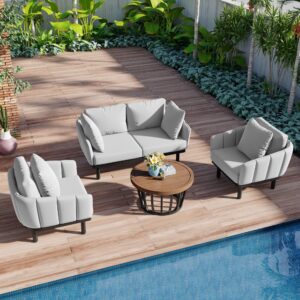 merax 4-piece outdoor patio furniture set with acacia wood round conversation coffee table, comfy loveseat and 2 armchairs, outside sectional sofa & solid iron frame for backyard, poolside, gray