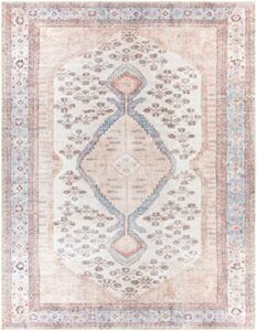 boutiquerugs moora boho vintage area rug - farmhouse traditional medallion carpet for living room, bedroom - machine washable - tan, pink, peach, sage, blue, cream - 7'10" x 10'2" (8x10 area rug)