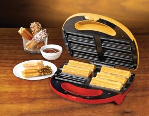 nostalgia taco tuesday electric churro maker – nonstick, 6-slot dual cooking plates for homemade churros and cinnamon pasties – yellow and red