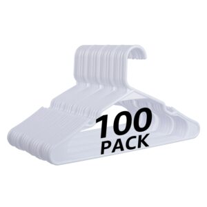 our modern space 100 pack adult plastic hanger for shirt pants coats dresses skirts suits jackets - standard thick coat hanger - sturdy & durable design with shoulder grooves hook - white