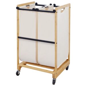 sto sto laundry sorter 2 section with bamboo frame, 2 bag laundry hamper, rolling laundry cart basket with lockable wheels and removable bag for clothes storage in laundry room and bedroom, beige