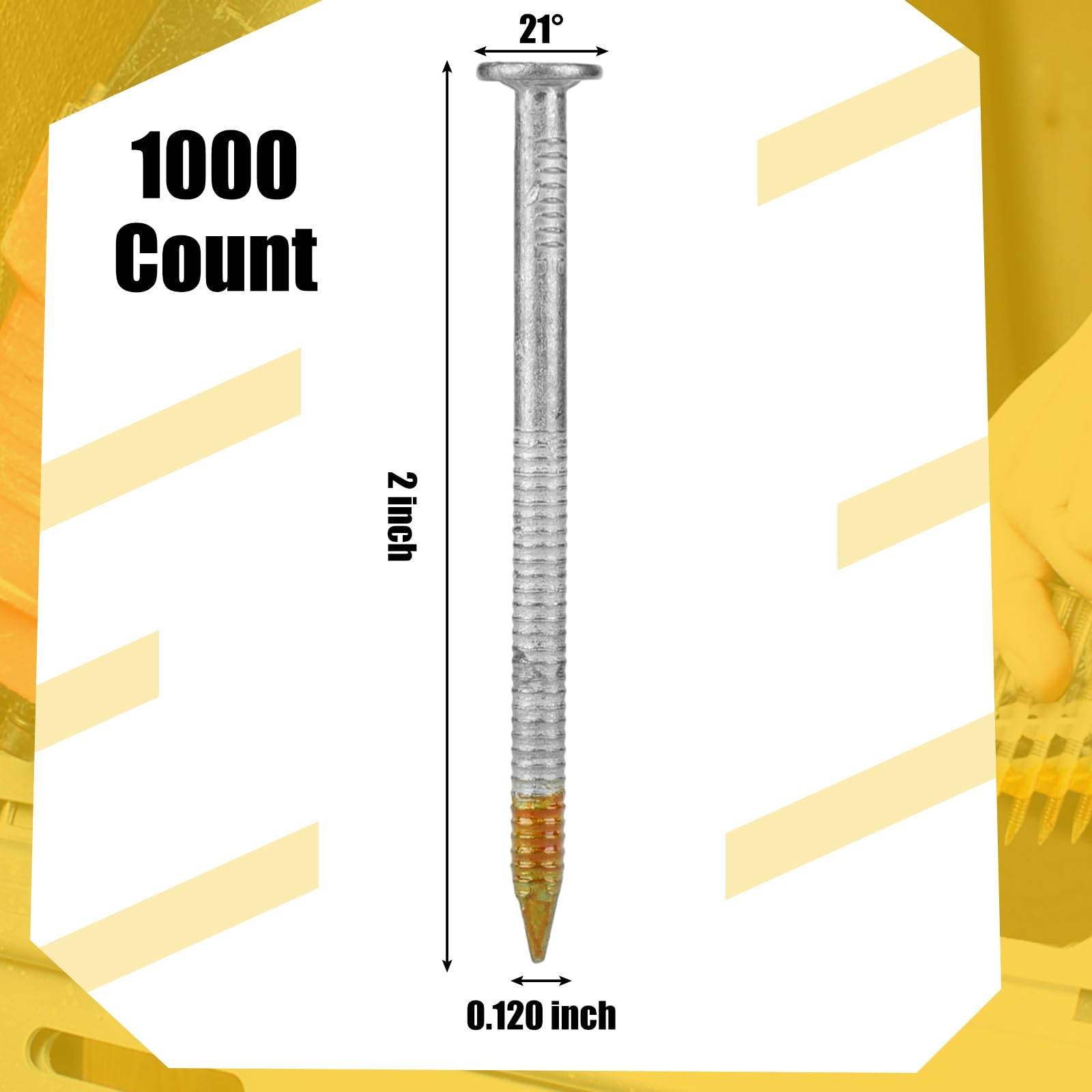 Therwen Framing Nails, 21 Degree, Flat D Head, Galvanized, Ring Shank, Plastic Row Fixed, 21 Degree Framing Nails for Use in All Pressure Treated Lumber (1000 Count,2 Inch x 0.12 Inch)