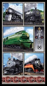 blank quilting 24"" x 44"" panel trains railroad locomotives transportation on the right track cotton fabric panel (b-3083p-70)