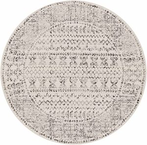 boutiquerugs greig farmhouse moroccan geometric area rug - boho aztec tribal carpet for living room - black, charcoal, light gray - 7'10" round rug