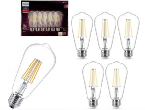 philips led vintage flicker-free clear st19 bulb - soft white 2700k - 8w=75w - 800 lumen - e26 base - dimmable - eye comfort technology- 6 pack, 9290022960