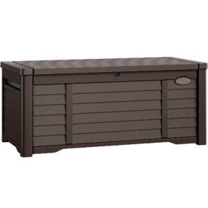 dwvo large deck box 120 gallon waterproof outdoor storage box, extra large outdoor storage bin, resin louvered patio storage for outdoor pillows, garden tools & pool supplies, lockable, dark brown