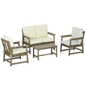 outsunny 4 piece patio furniture set with cushions, hdpe conversation sofa set with two chairs, loveseat, and slatted top coffee table, cream white