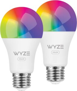 wyze lifestyle bulb color, 1100lm wi-fi a19 smart bulb, 16 million colors & tunable white, works with alexa and google assistant, 75w equivalent, dimmable, timer, cri>90, e26, no hub required, 2-pack