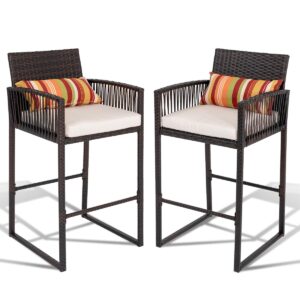 sundale outdoor wicker bar stools, patio counter height brown rattan rope stools with back rest, high chair with pillow & beige cushion, all-weather armless tall pub barstool