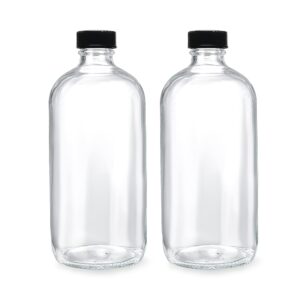 (2 pack) - 16 oz clear glass boston round bottles with black 28-400 airtight phenolic polycone caps - perfect glass containers for secondary fermentation, storing condiment, homemade essential oils